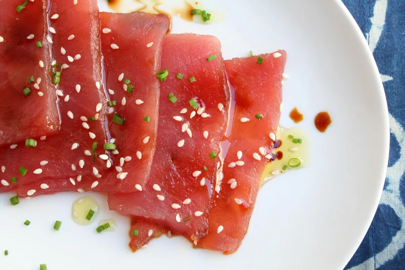 Sashimi with Soy Sauce, Sesame Seeds, and Chives