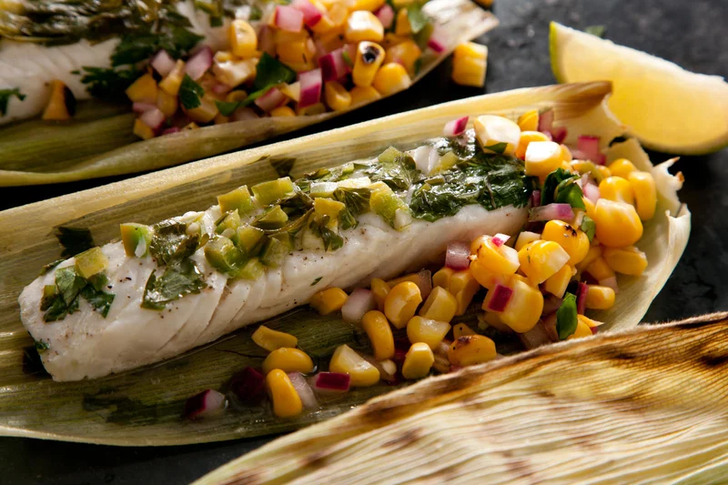 Corn-Husk-Wrapped Grilled Halibut with Charred Corn Salsa