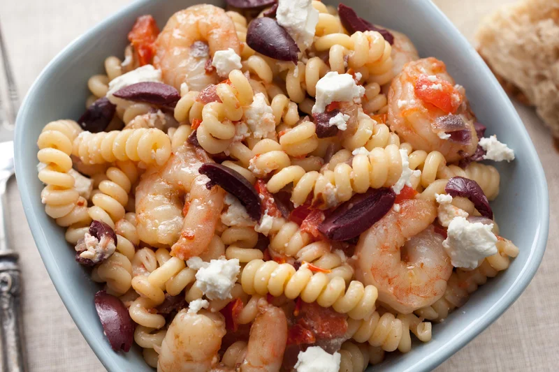 Greek Pasta with Shrimp, Feta, Tomatoes, and Olives