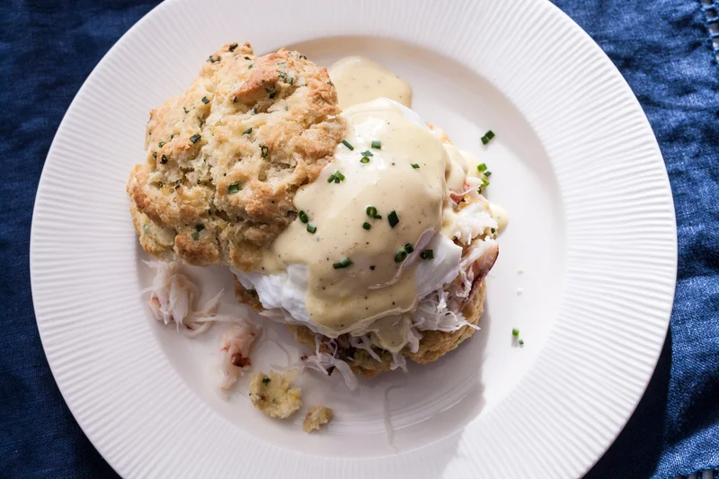 Crab Benedict on Lemon-Chive Biscuits