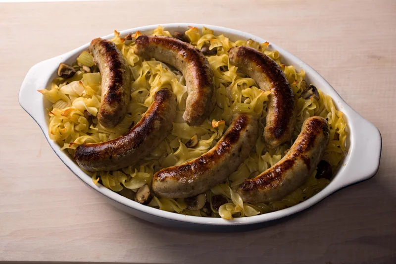 Bockwurst and Mushroom Noodle Bake