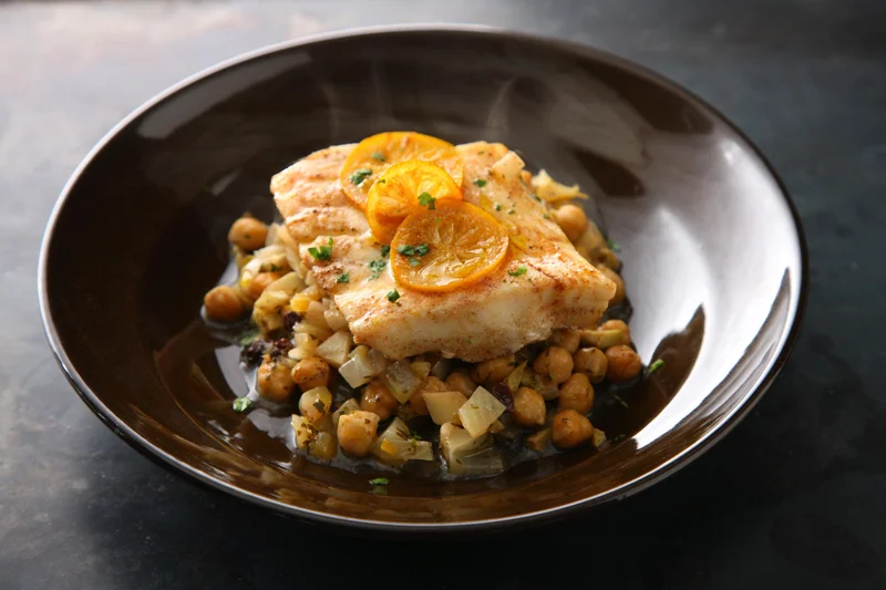 Steamed Fish with Chickpeas and Currants