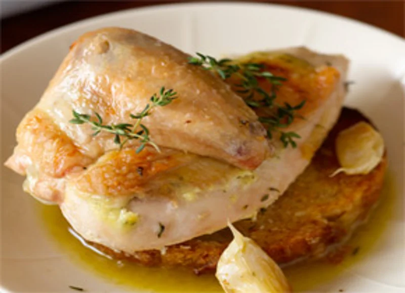 Garlicky Roasted Chicken with Garlic Jus on Garlic Toast