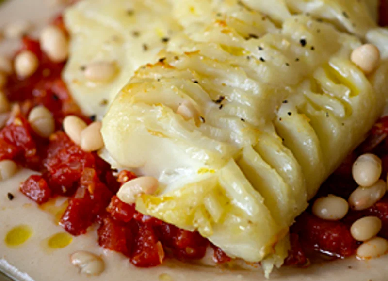 Roasted Cod with White Beans, Tomato, and Truffle Oil